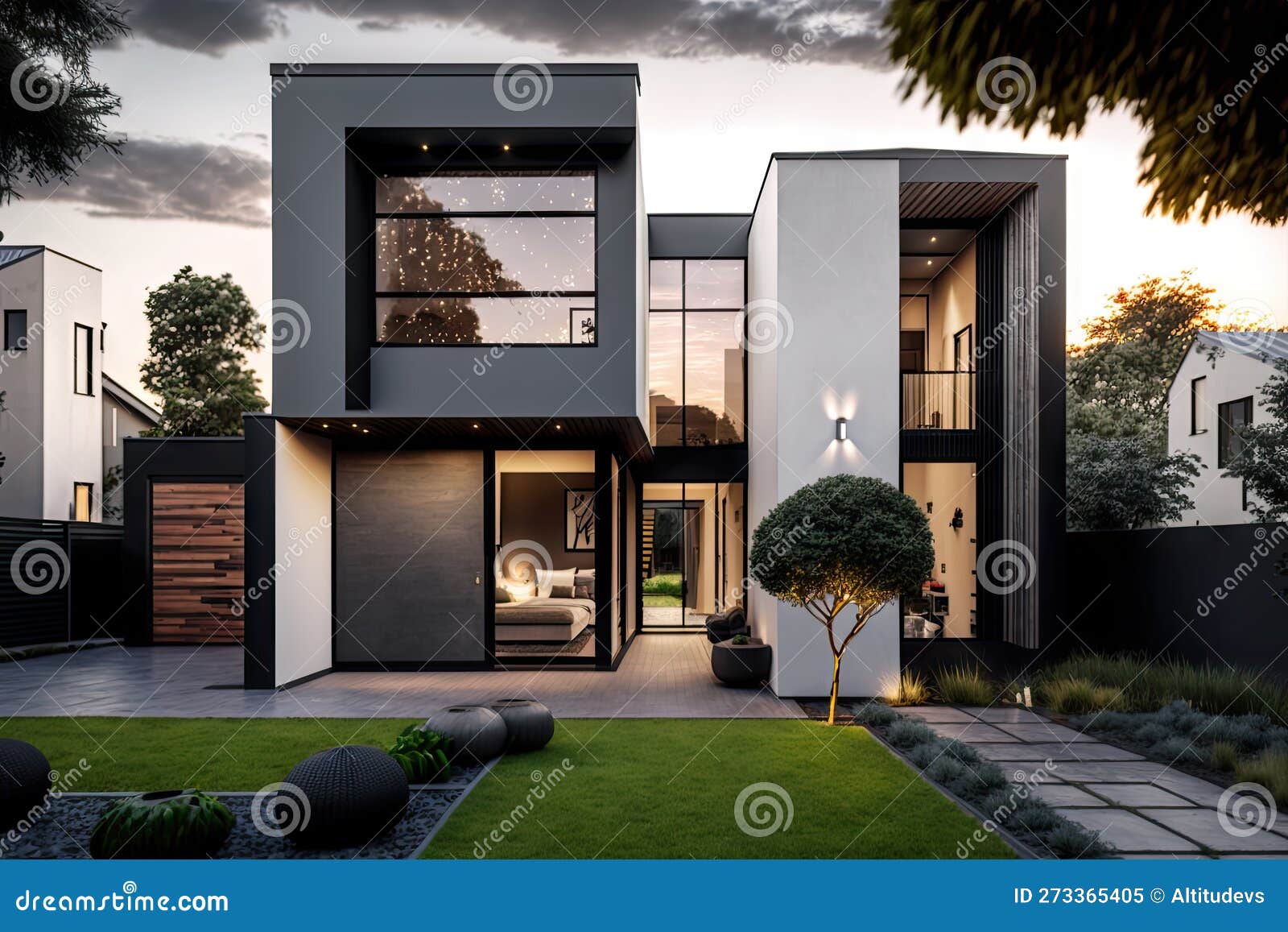 Trendy Modern Design of House in Suburb with Cozy Backyard Stock ...