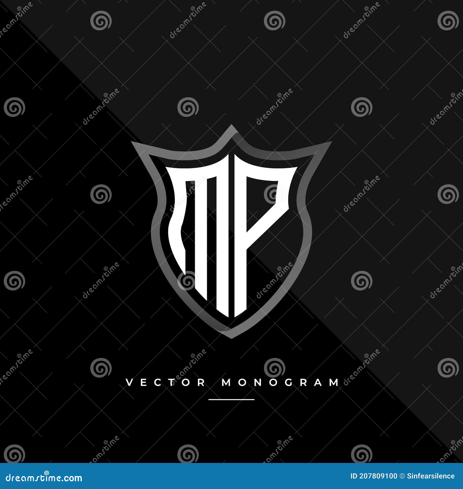 Trendy MP Monogram on the Shield Isolated on Dark Background. Silver ...