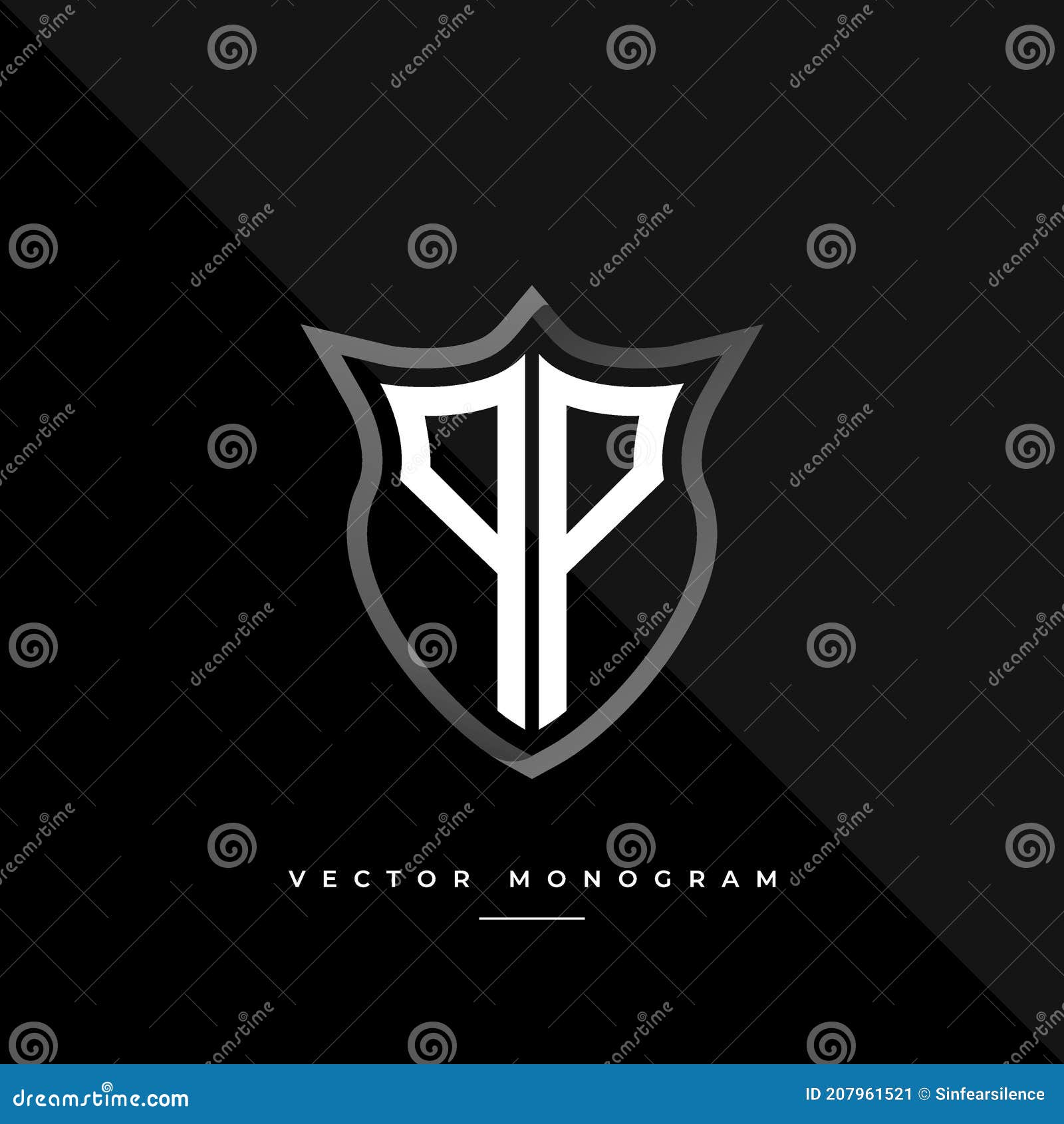 Trendy PP Monogram on the Shield Isolated on Dark Background. Silver ...