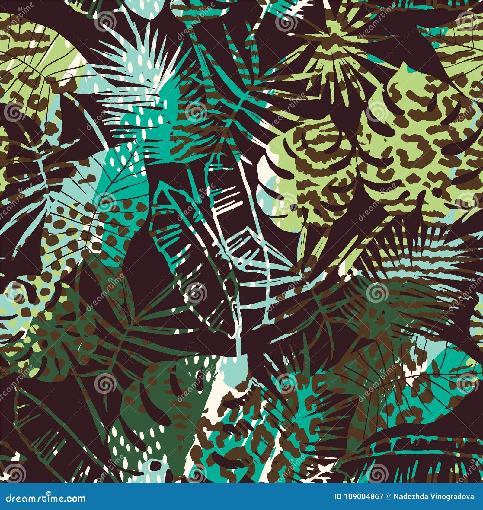 Trendy Seamless Exotic Pattern with Palm, Animal Prints and Hand Drawn ... Trendy Seamless Exotic Pattern with Palm, Animal Prints and Hand Drawn ...