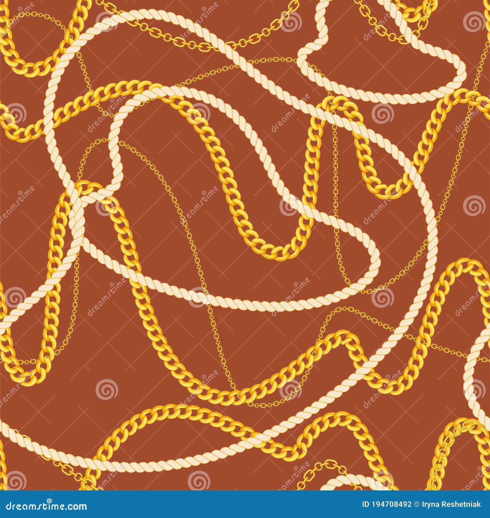 Trendy Seamless Pattern with Different Gold Chains and Rope. Stock ...