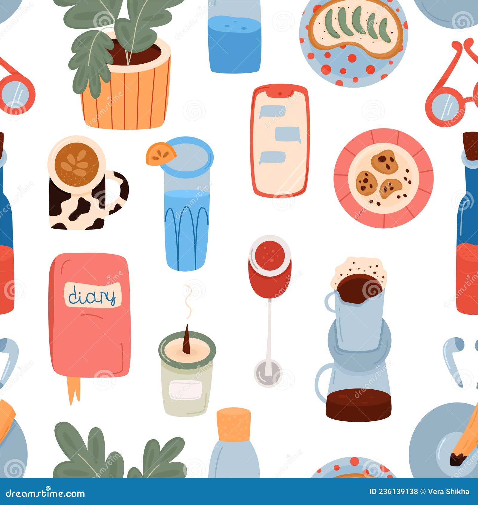 Trendy Seamless Pattern with Elements daily Life. Abstract Bright ...