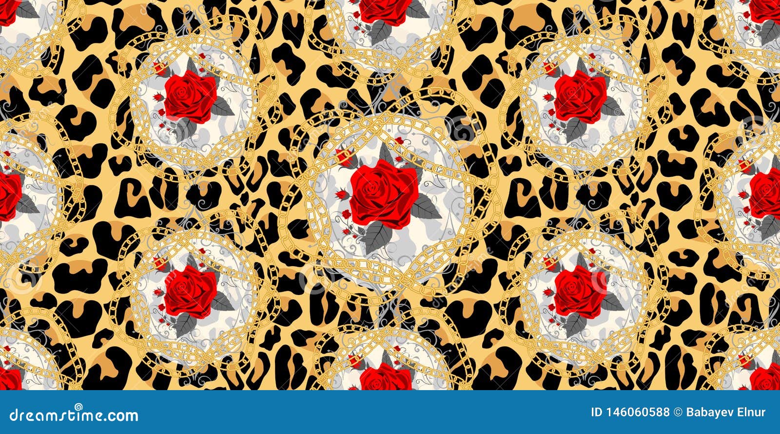 Trendy Seamless Pattern with Gold Chains on Leopard Skin. Eps10 Stock ...