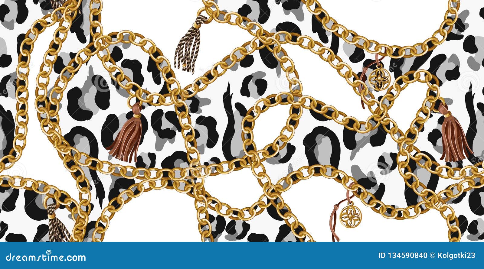 Trendy Seamless Pattern with Gold Chains on Leopard Skin. Vector Stock ...