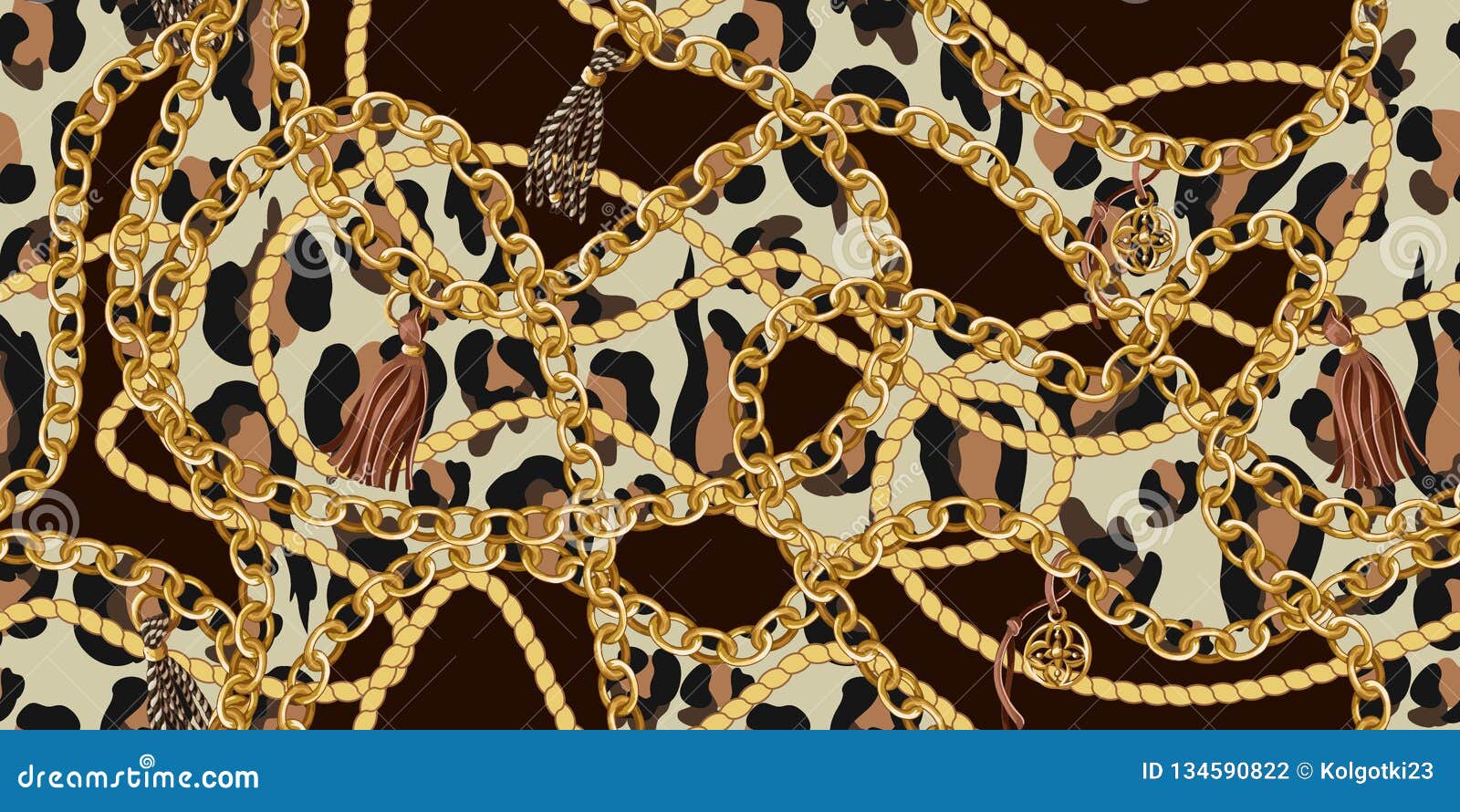 Trendy Seamless Pattern with Gold Chains and Rope on Leopard Skin ...