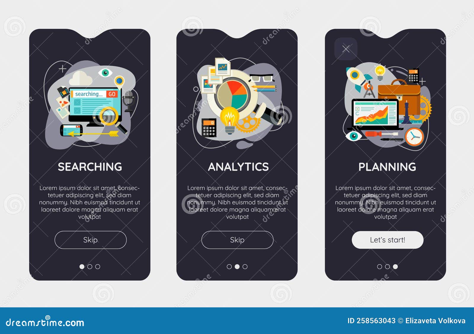 Trendy Searching, Analytic, Planning UI Mobile App Splash Onbard ...