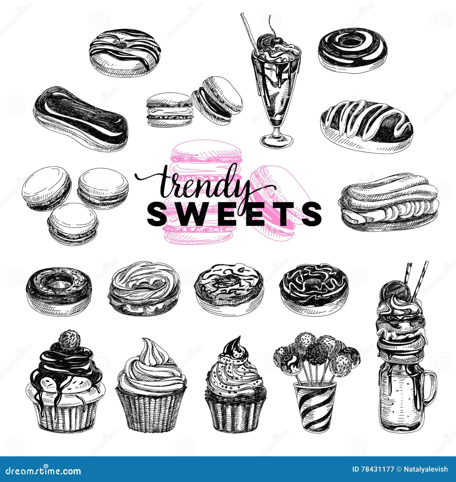 Trendy Sweets Vector Set. Illustrations in Sketch Style. Stock Vector ...