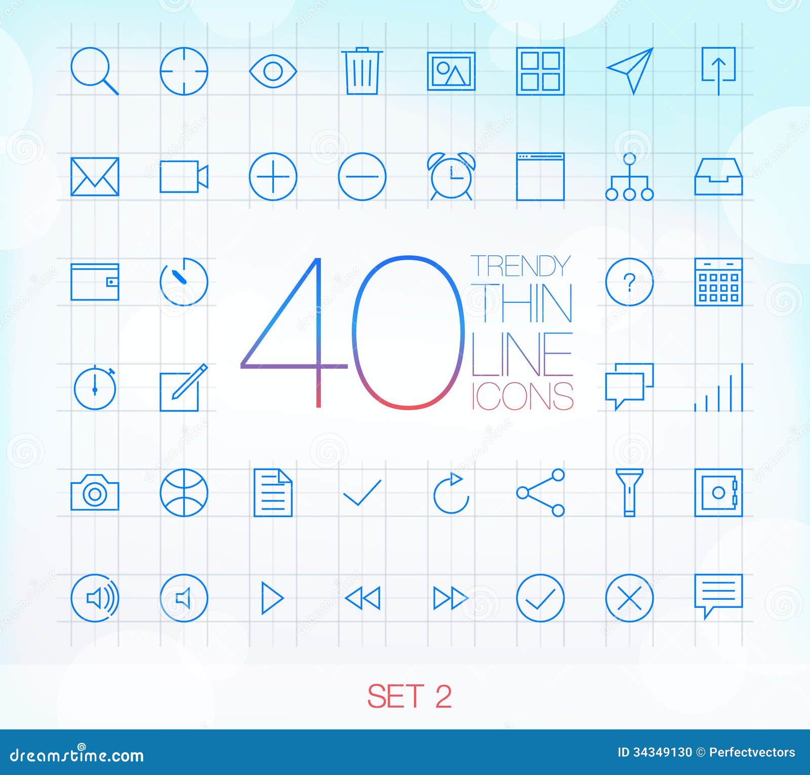 40 Trendy Thin Icons Set 2 stock vector. Illustration of button - 34349130