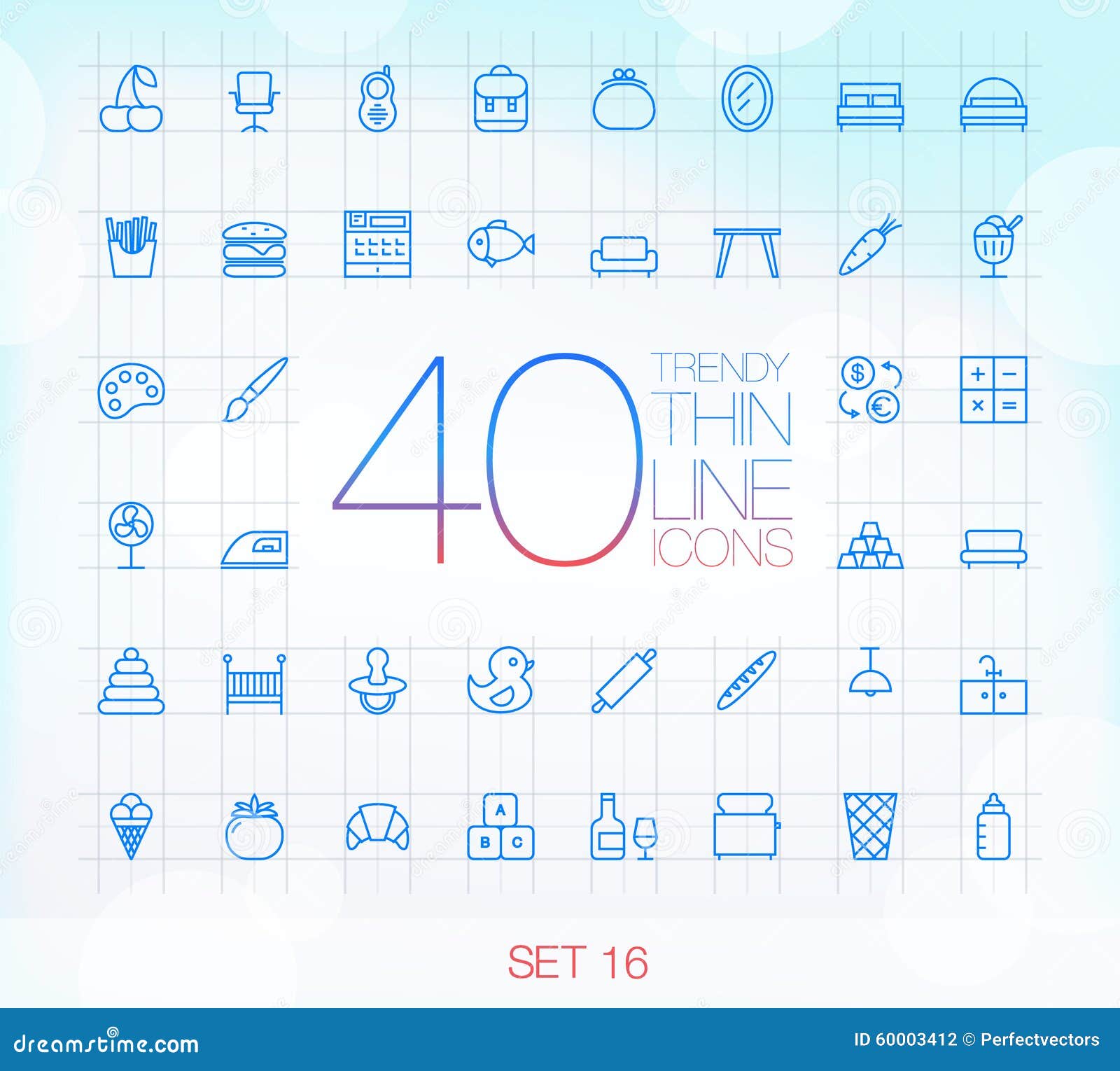 40 Trendy Thin Icons Set 16 Stock Vector - Illustration of chair, fish ...