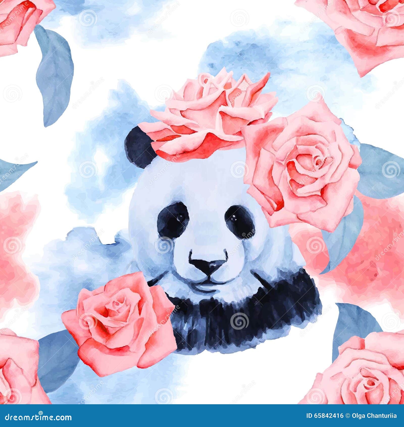 Trendy Watercolor Pattern With Roses And Panda. Vector Illustration ...