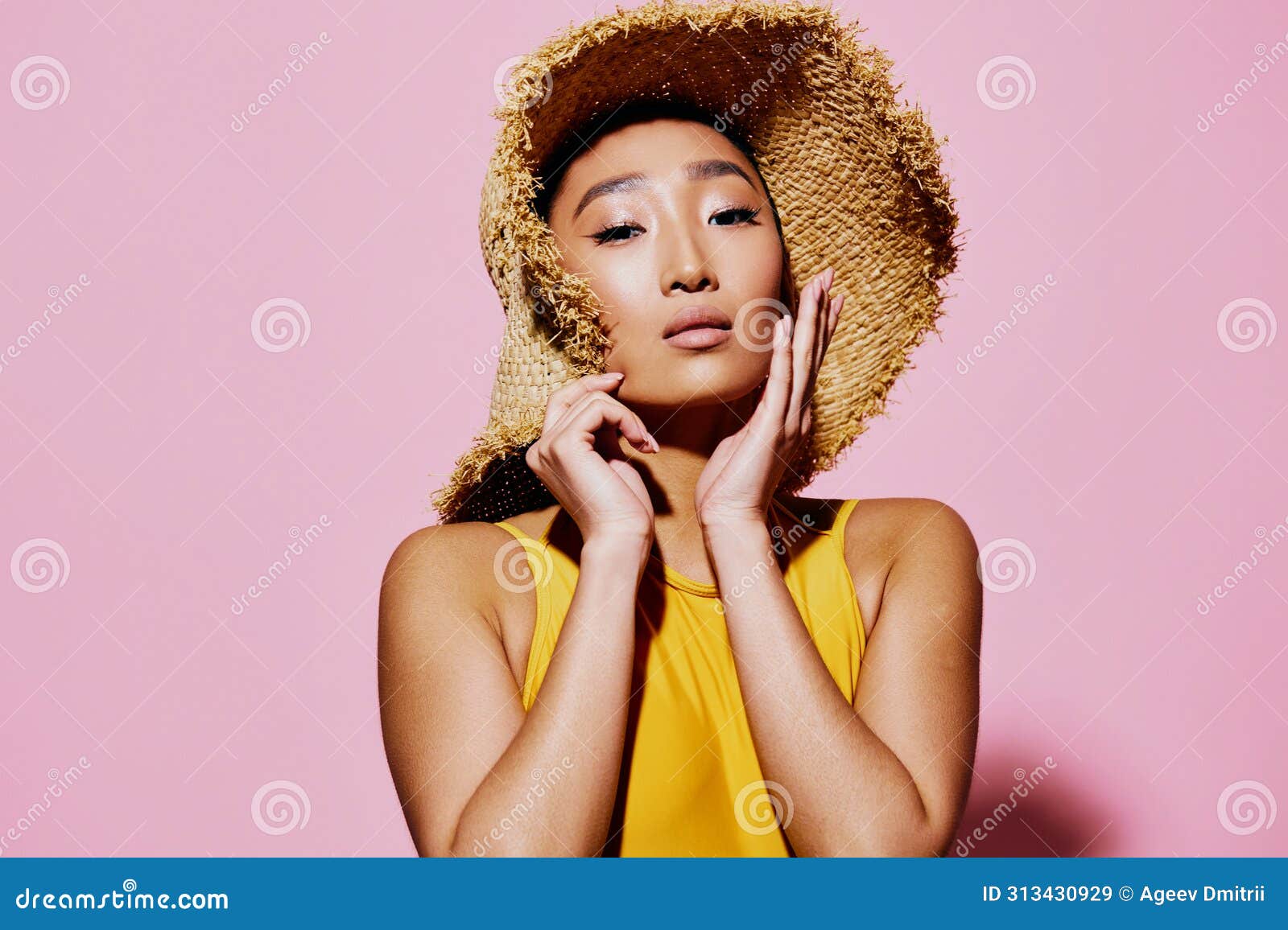 Woman Excited Summer Beauty Pink Swimsuit Portrait Yellow Trendy