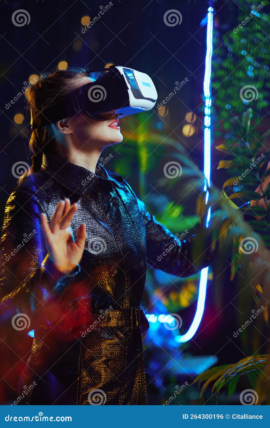 Trendy Young Woman in Metaverse in Vr Headset Exploring Stock Photo ...