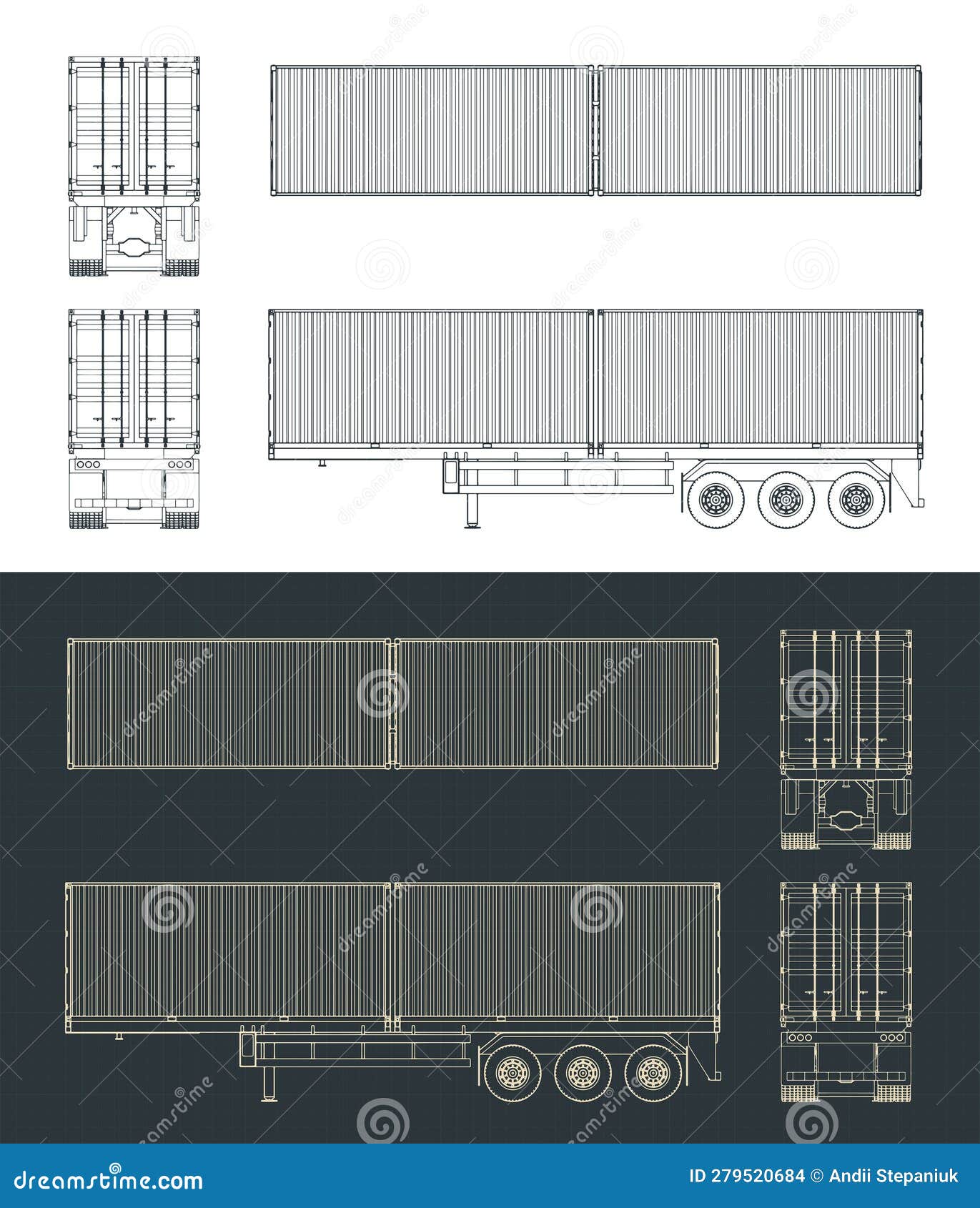 Tri-axle Container Trailer Blueprints Vector Illustration ...