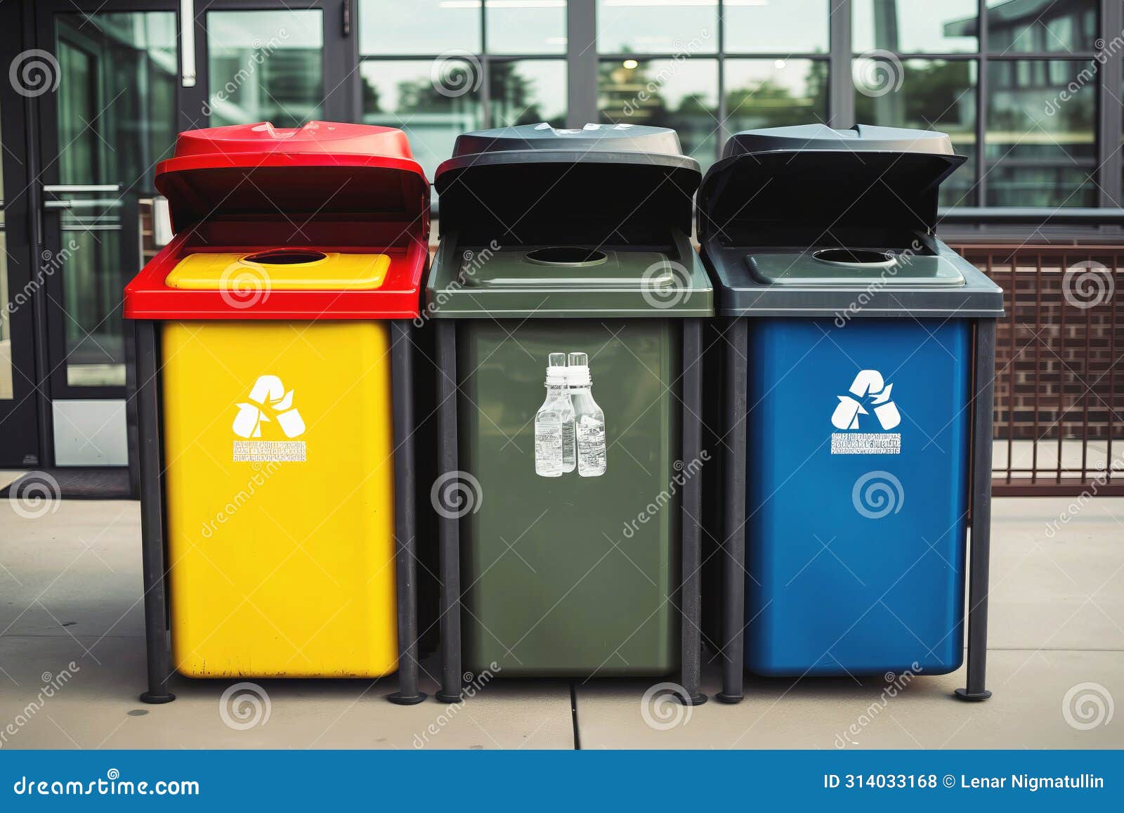 Tri-Color Recycling Bins for Waste Sorting Stock Photo - Image of ...