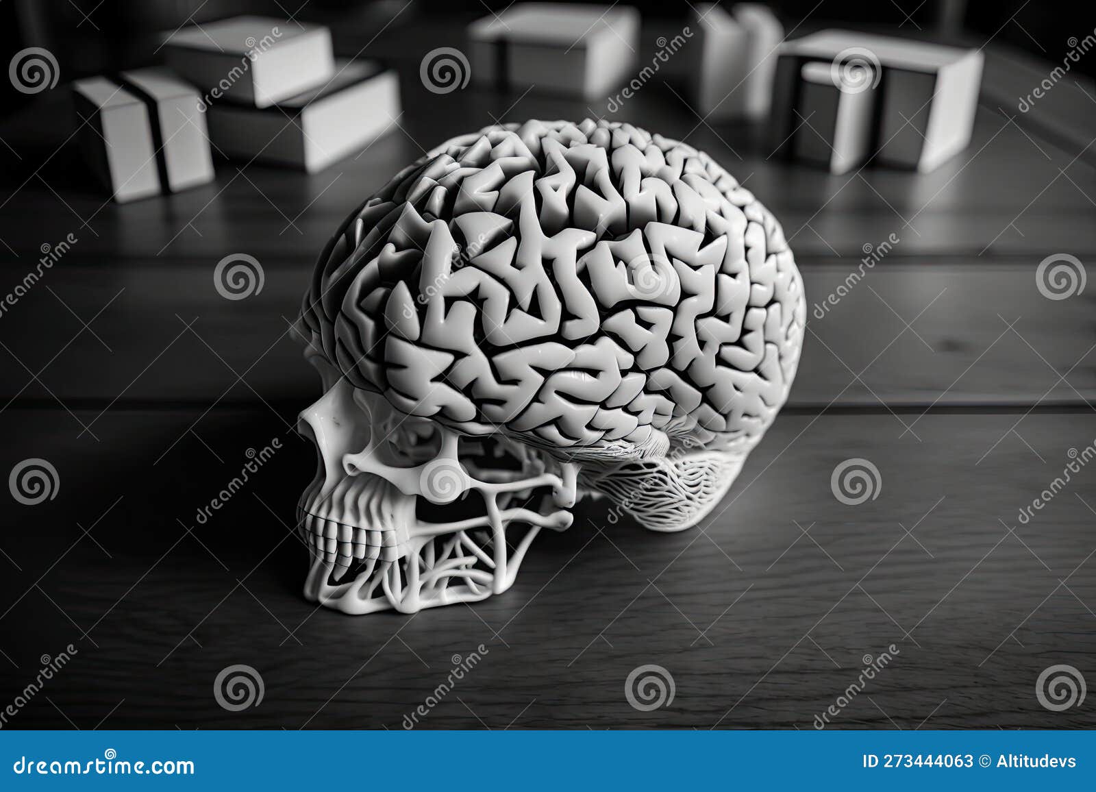 Tri-dimensional Model of Human Brain in Black and White Color on Table ...