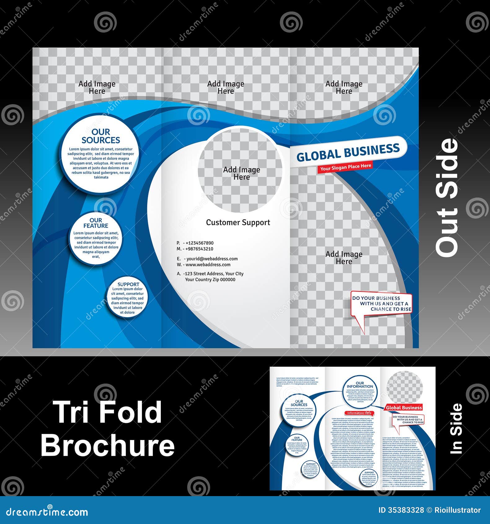 Tri Fold Blue Wave Brochure Stock Vector - Illustration of circle ...