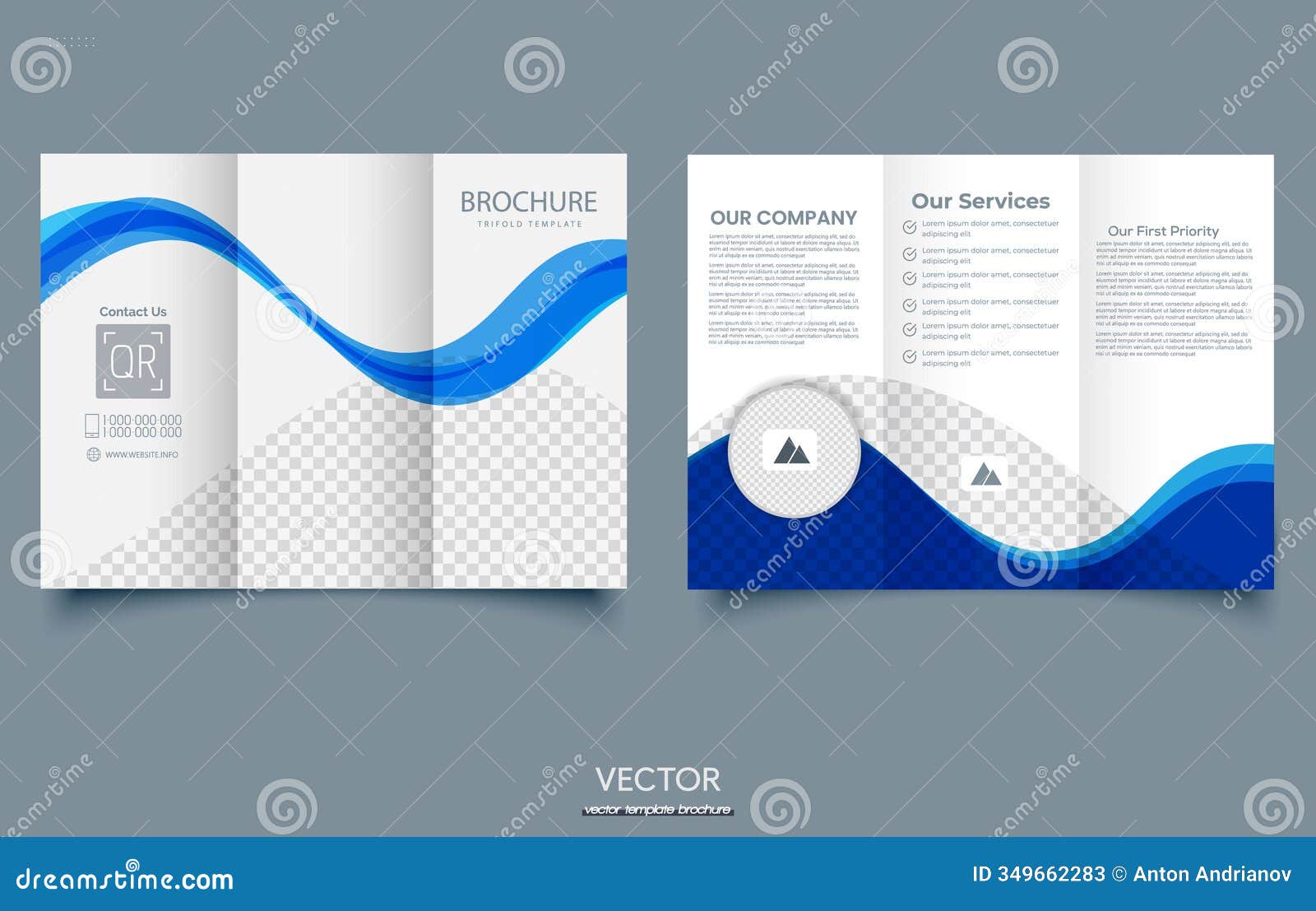 Tri Fold Wave Brochure Layout. Blue and White Flyer Stock Vector ...