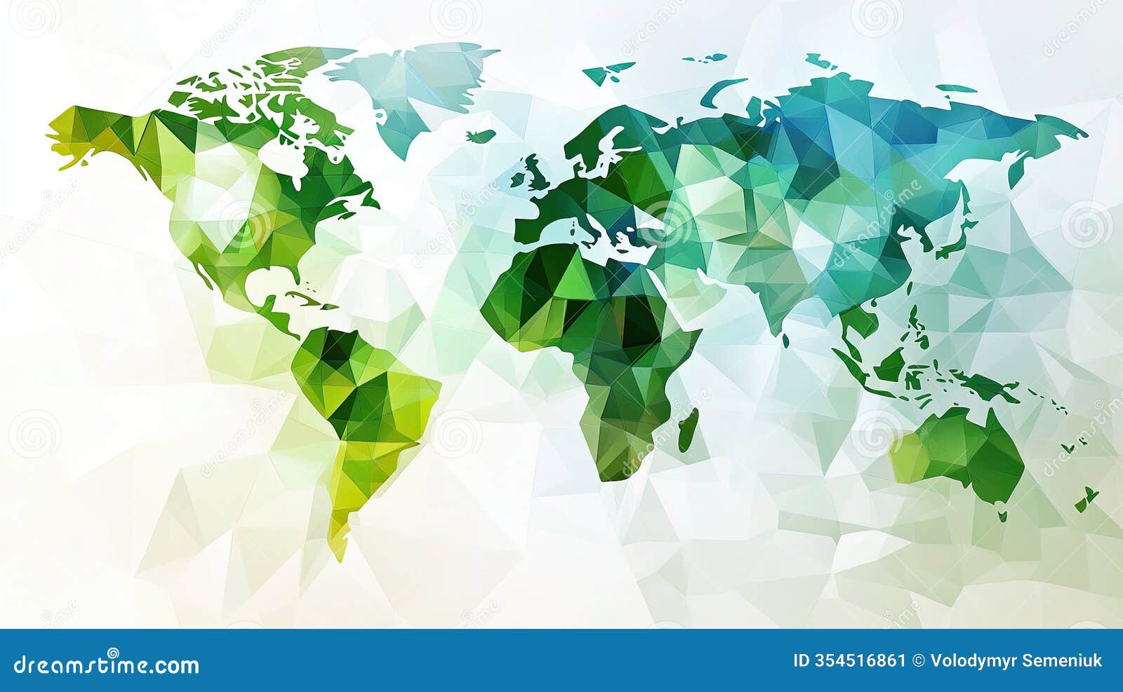 Triangle-based Geometric Map of Continents in Green and Blue on a White ...