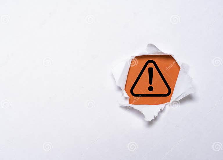 Triangle Caution Warning Sign on Red Background Inside F Punched Paper for Notification Error ...
