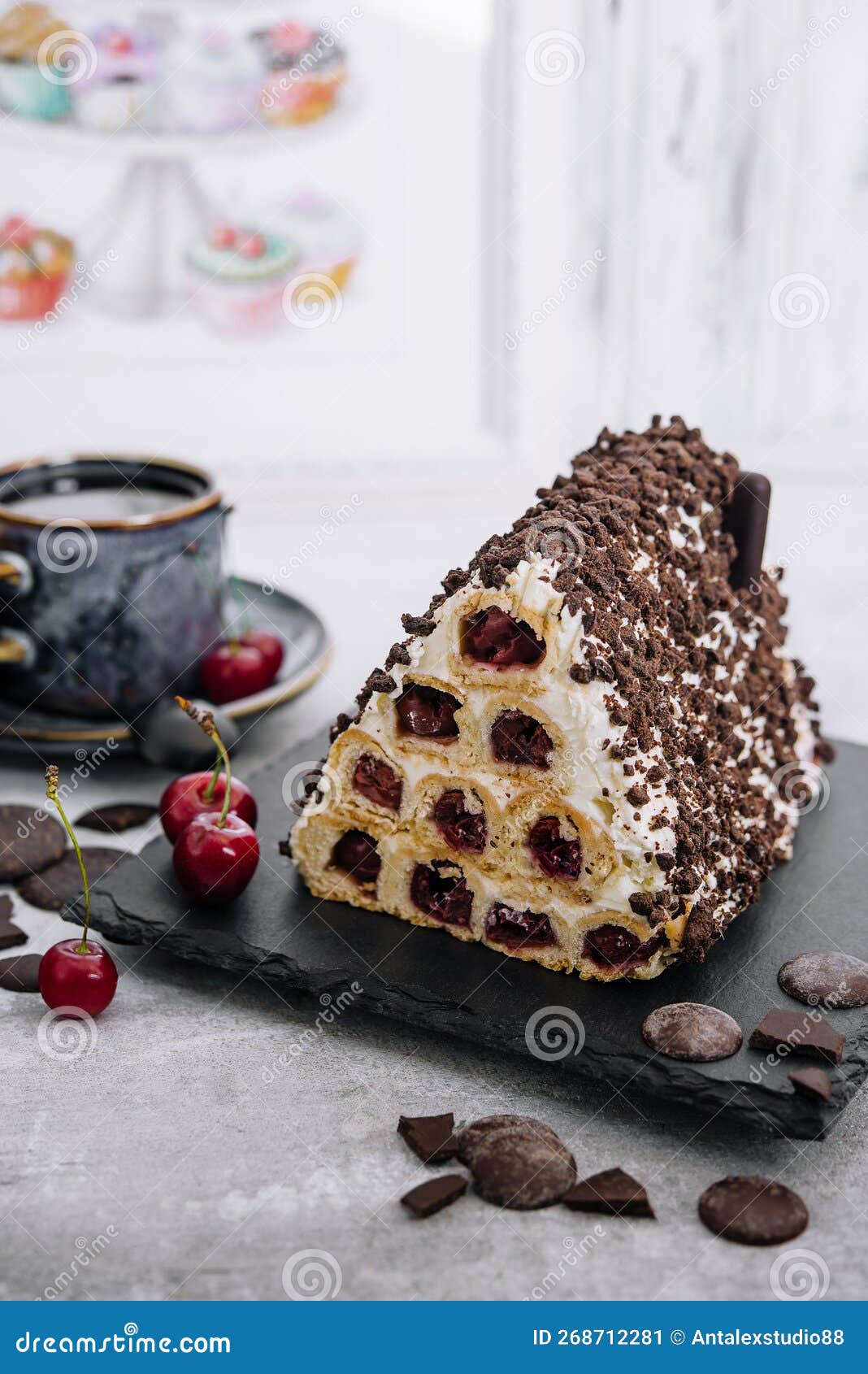 Triangle Cherry Cake with Cream and Chocolate Sprinkles Stock Image ...