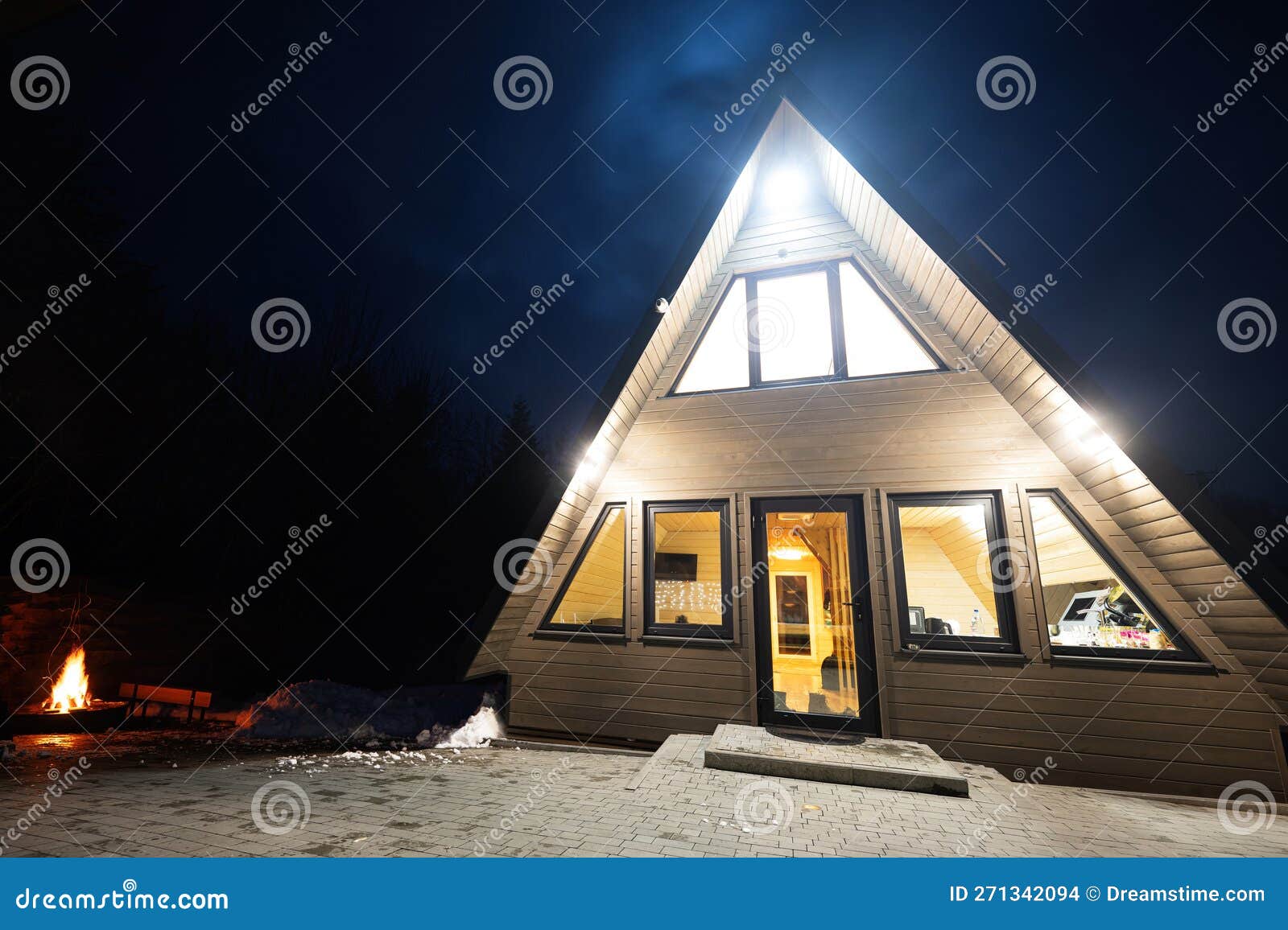 Triangle Country House at Night with Smoke from Bonfire Stock Photo ...