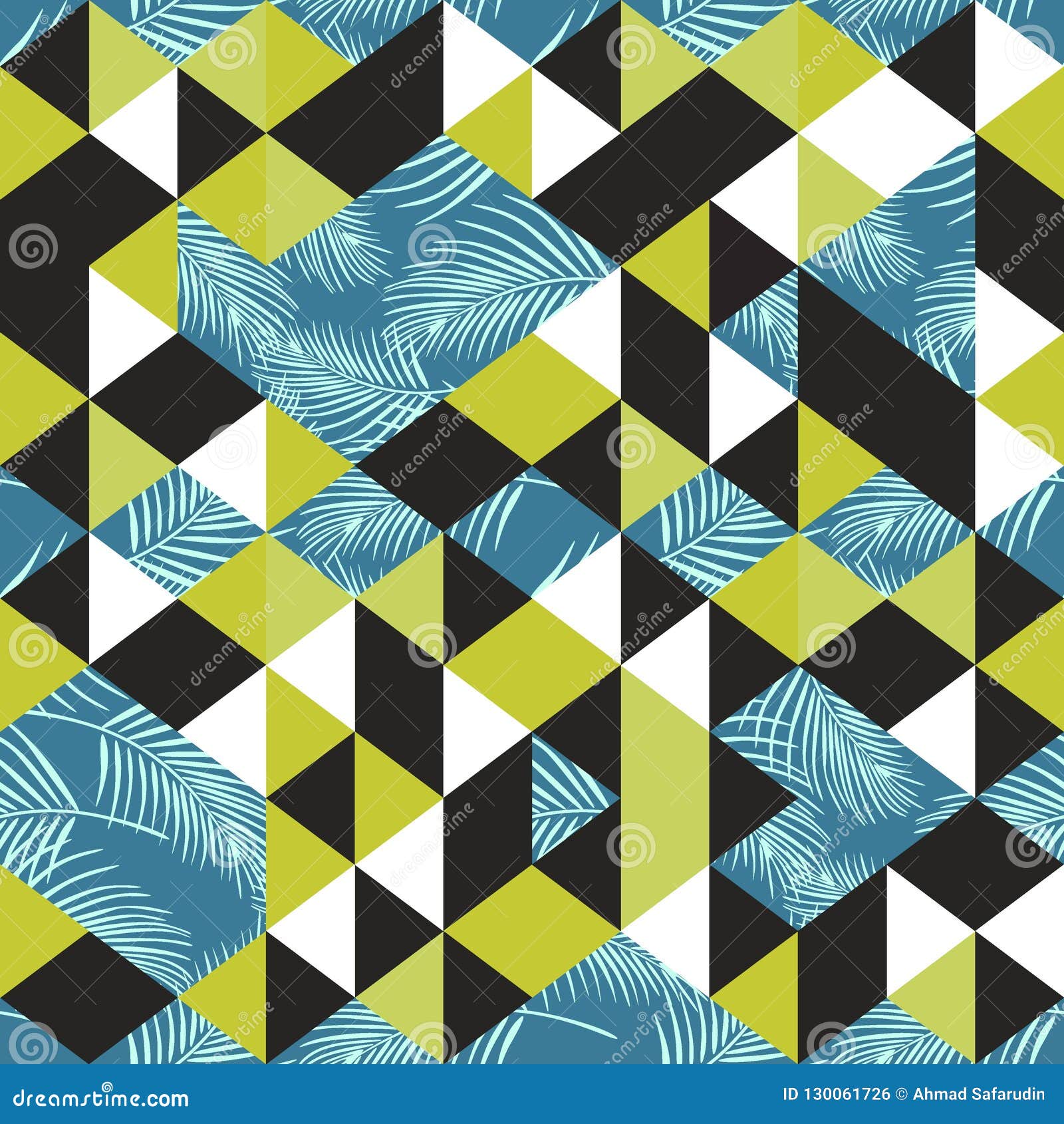 Triangle Geometric Seamless Pattern with Palm Leaves Stock Vector ...