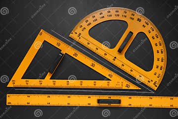 Triangle, Protractor, Ruler and Drawn Acute Angle on Black Table, Flat ...