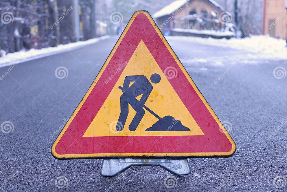 Triangle Road Sign Work in Progress Stock Photo - Image of progress ...