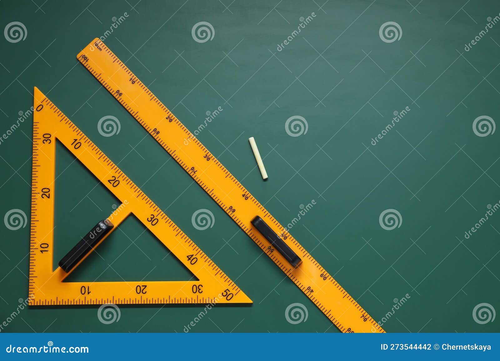 Triangle, Ruler and Chalk on Green Chalkboard, Flat Lay. Space for Text ...