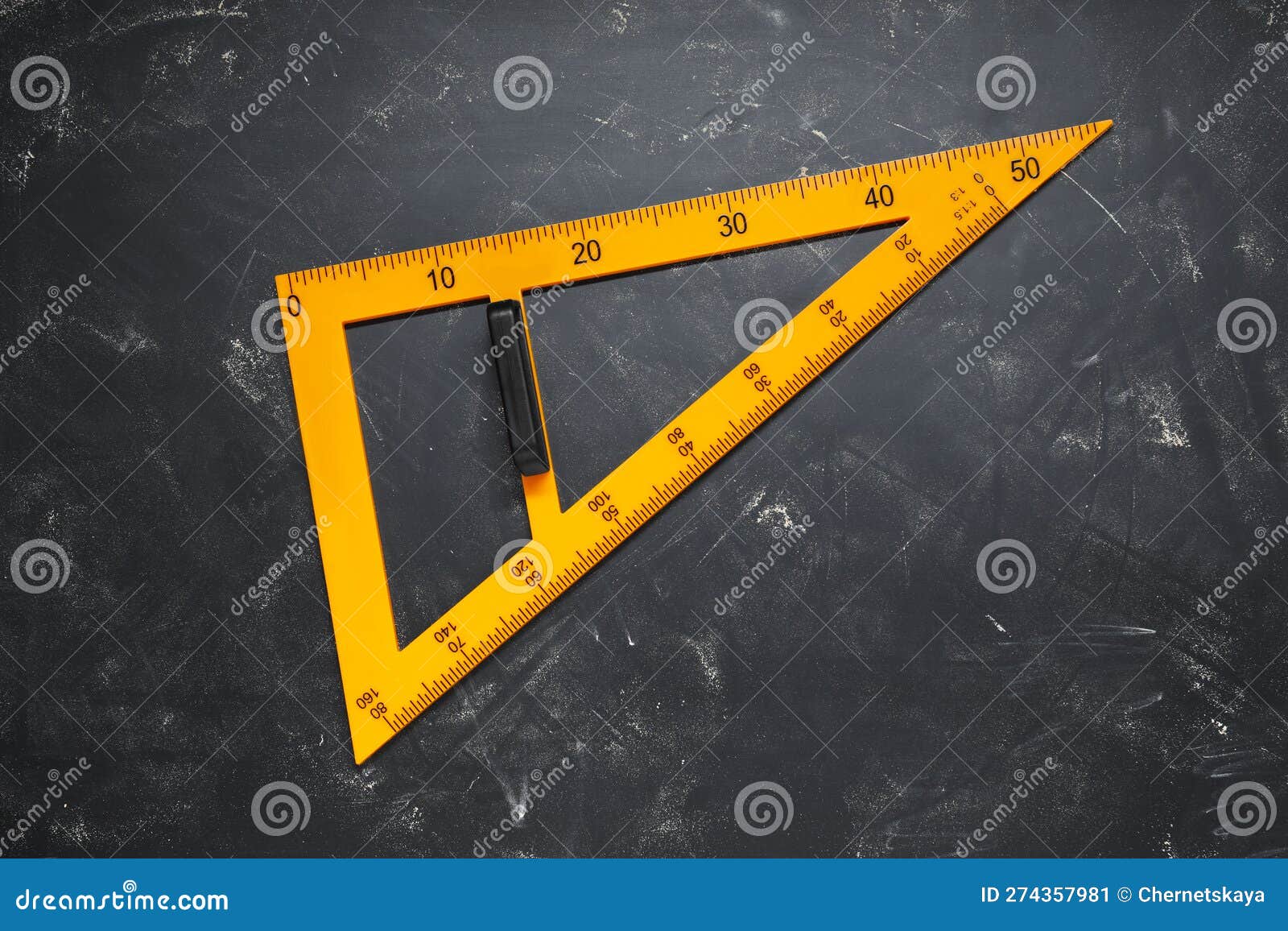 Triangle Ruler with Measuring Length Markings on Blackboard, Top View ...