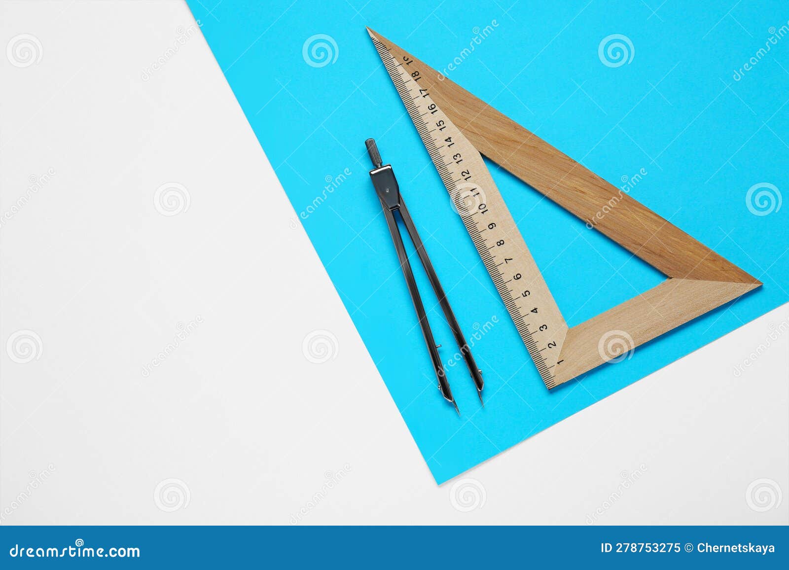 Triangle Ruler, Paper Sheet and Compass on White Background, Flat Lay ...