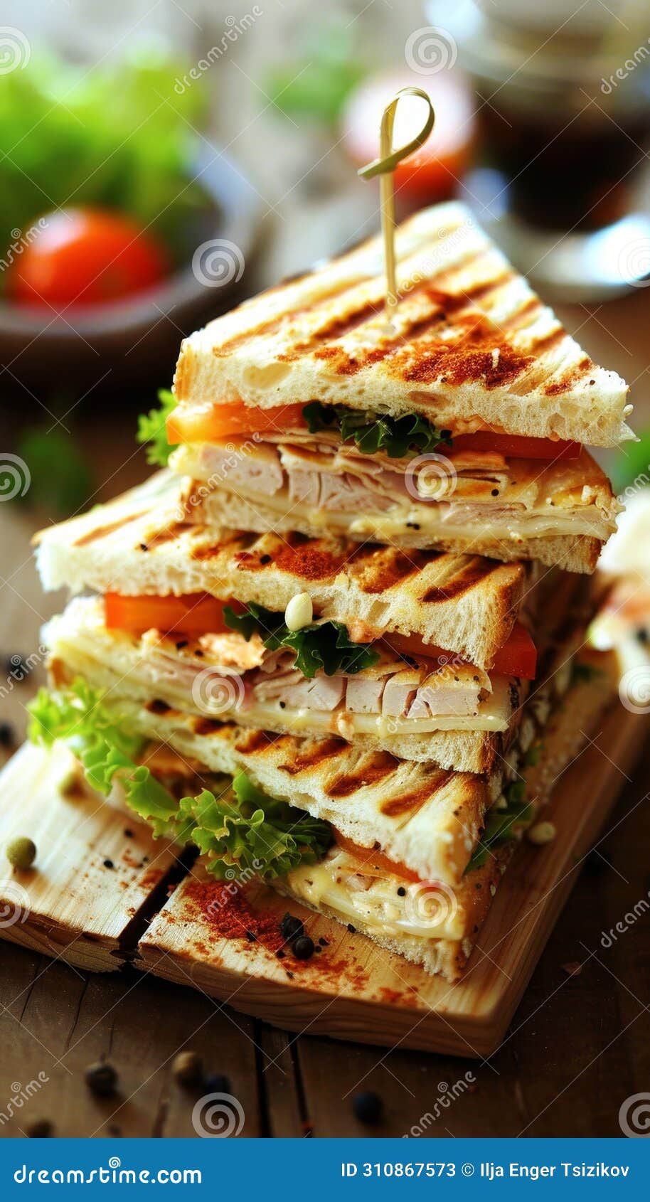 Triangle Sandwich with Ham, Cheese, Tomato, and Fresh Salad Ingredients ...