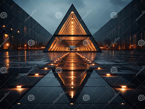 A Triangle Shaped Building with Lights on it at Night Stock ...