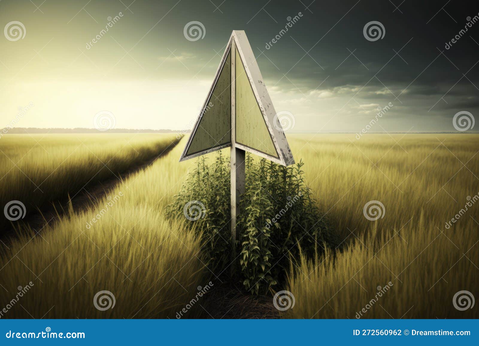 Triangle-shaped Directional Sign Post in Field of Tall Grass Stock ...