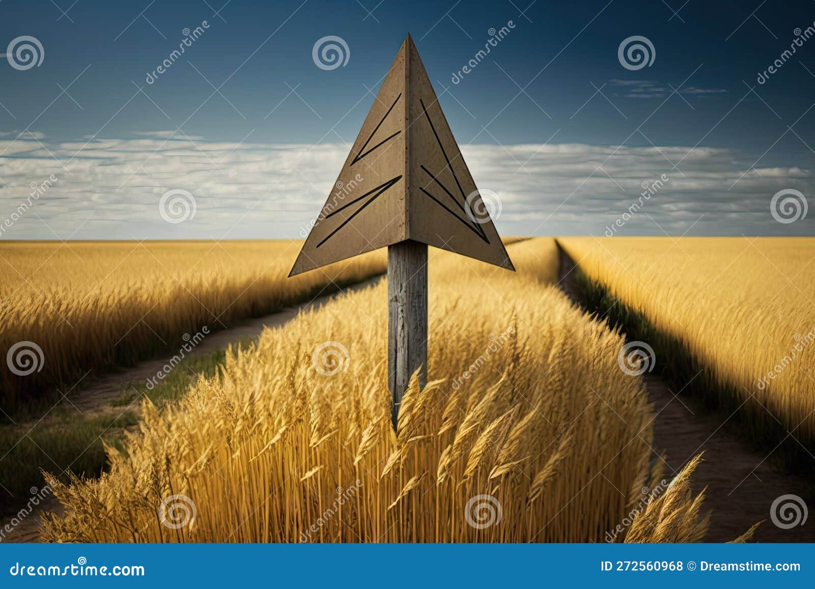 Triangle-shaped Directional Sign Post in Field of Tall Grass Stock ...