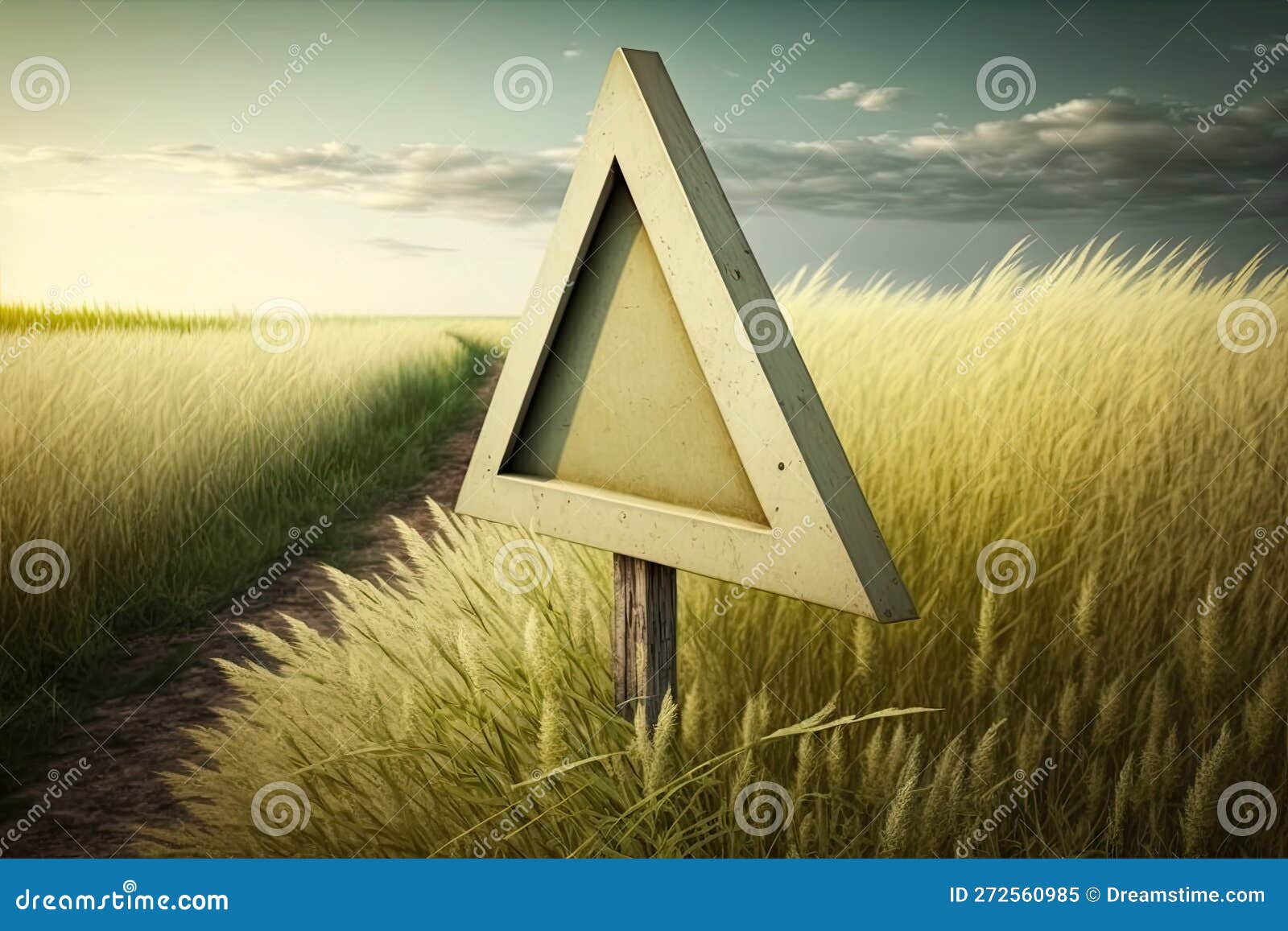 Triangle-shaped Directional Sign Post in Field of Tall Grass Stock ...