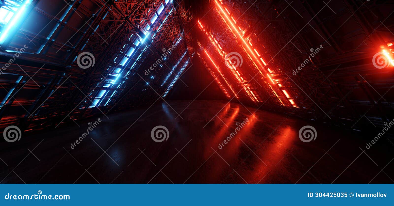 Triangle Shaped Sci Fi Garage Concrete Futuristic Cyber Neon Glowing ...