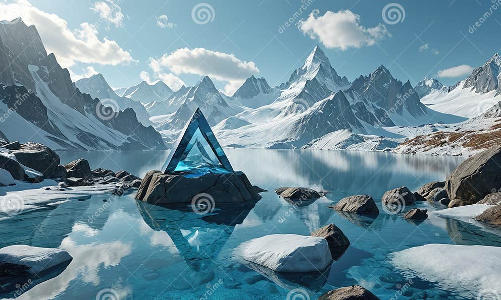 A Triangle Sits in the Middle of a Lake Surrounded by Snow and Rocks ...