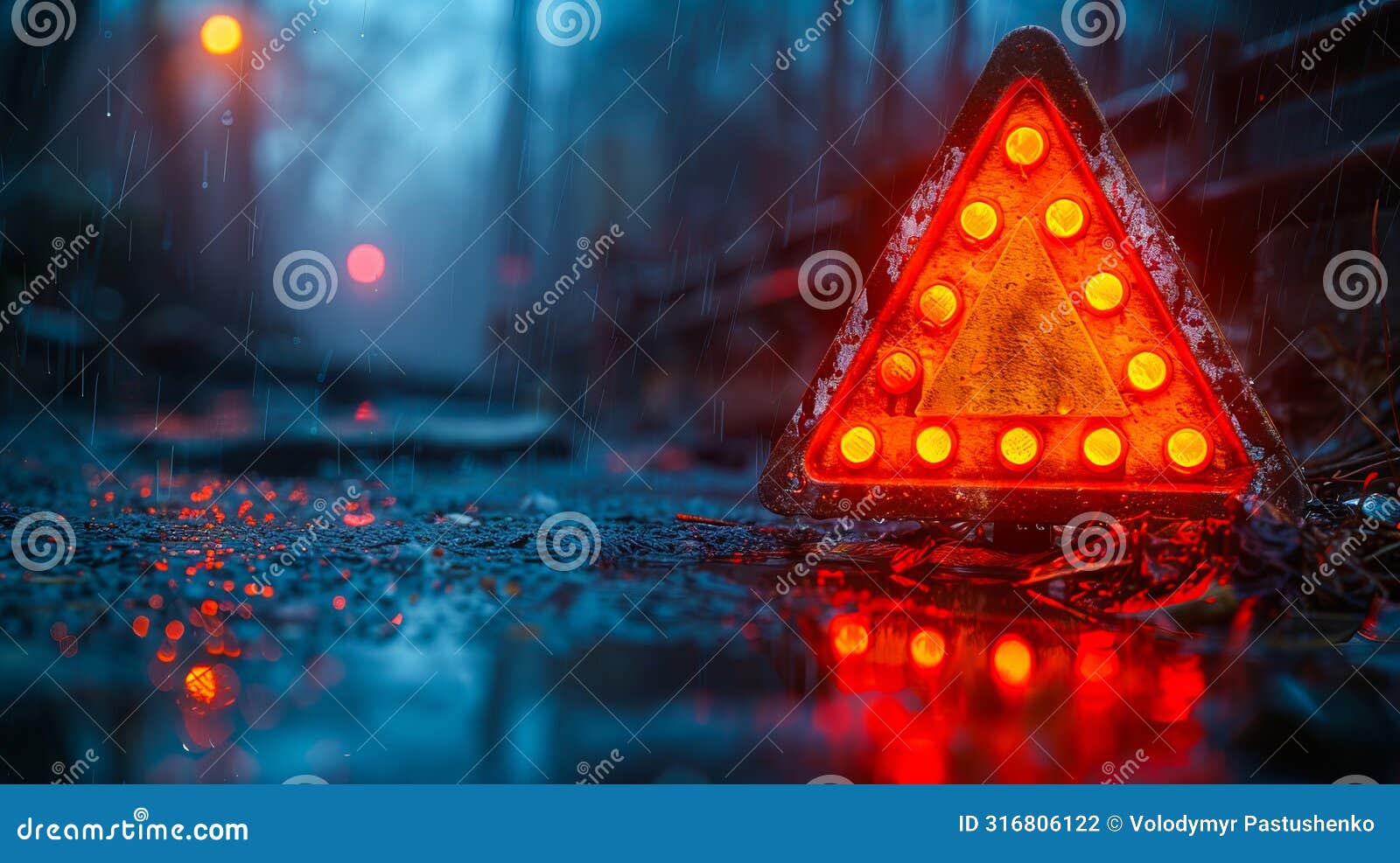 A Triangle Warning Sign on the Road in the Rain Stock Photo - Image of ...