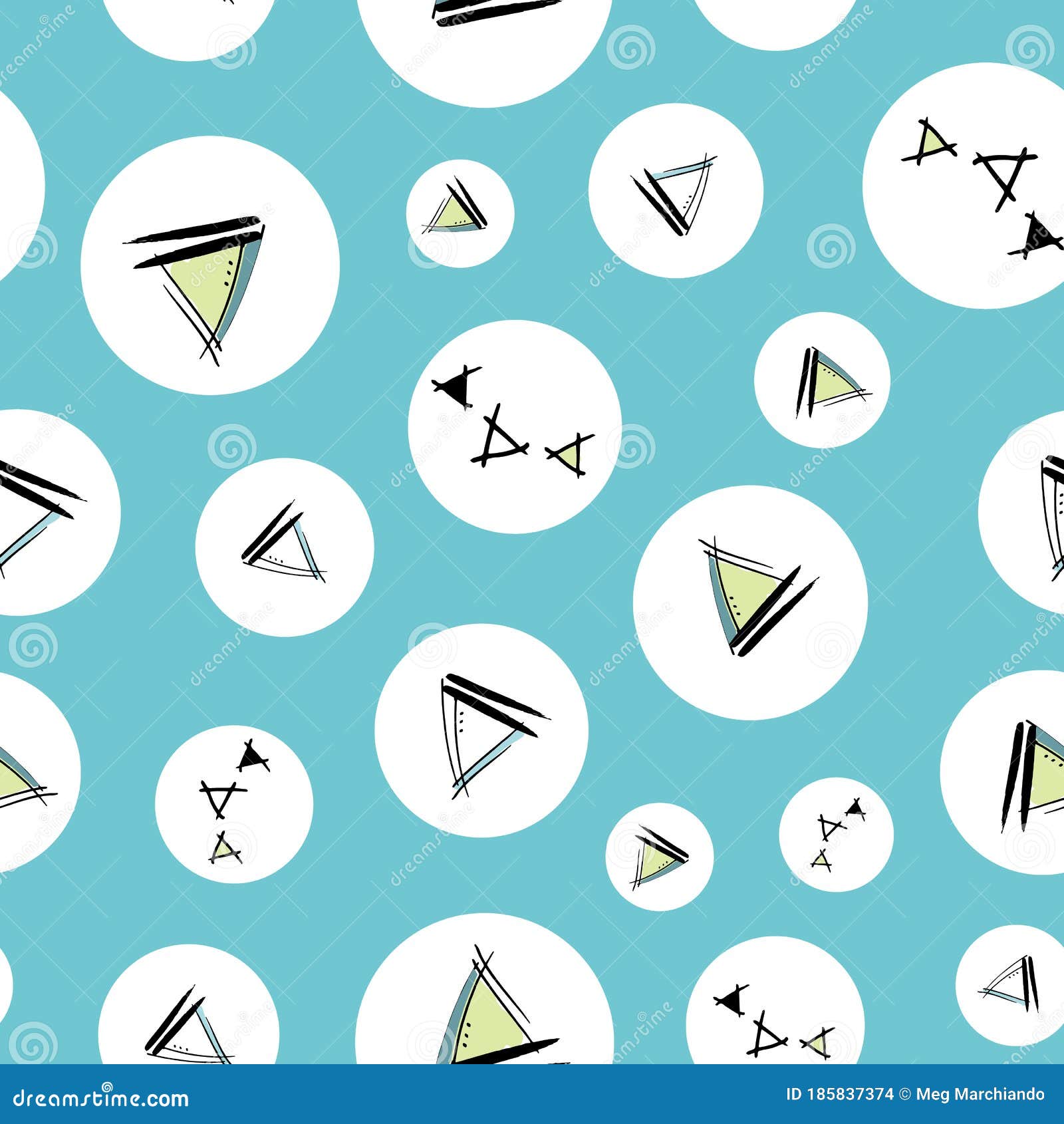 Triangles in Circles Floating on Blue Background, Seamless Vector ...