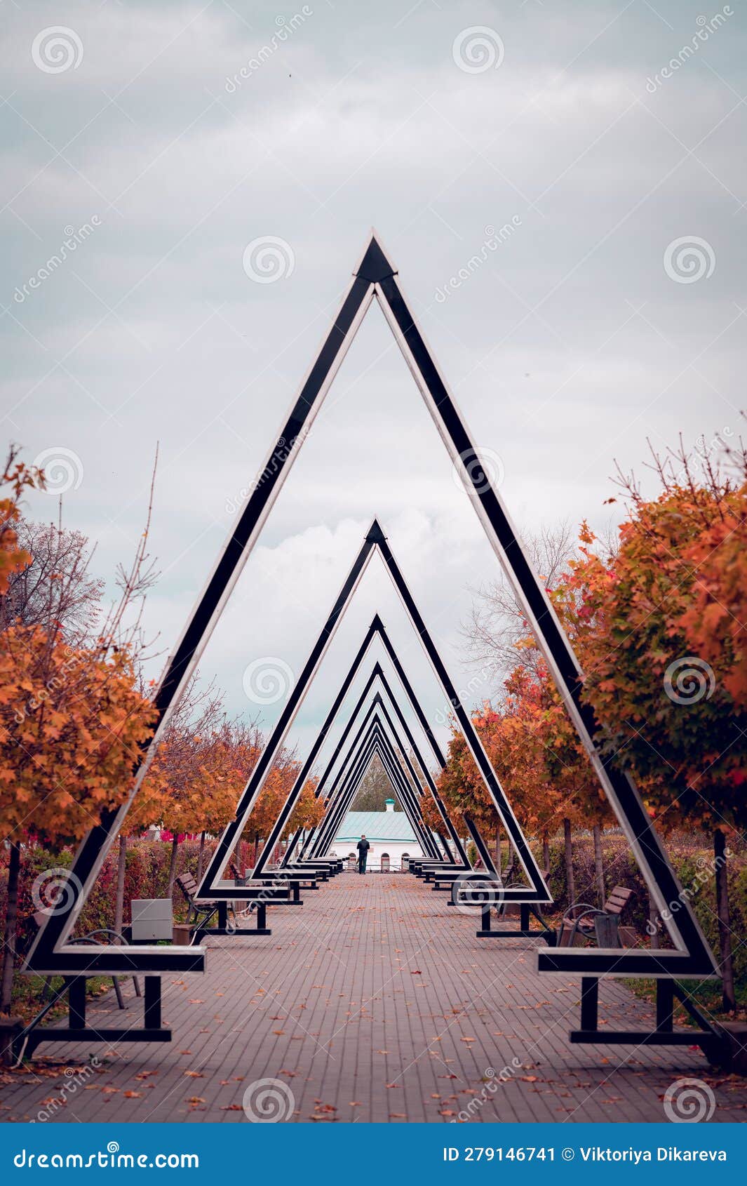 Triangular Arches and an Alley of Golden Maple Trees. Stock Image ...