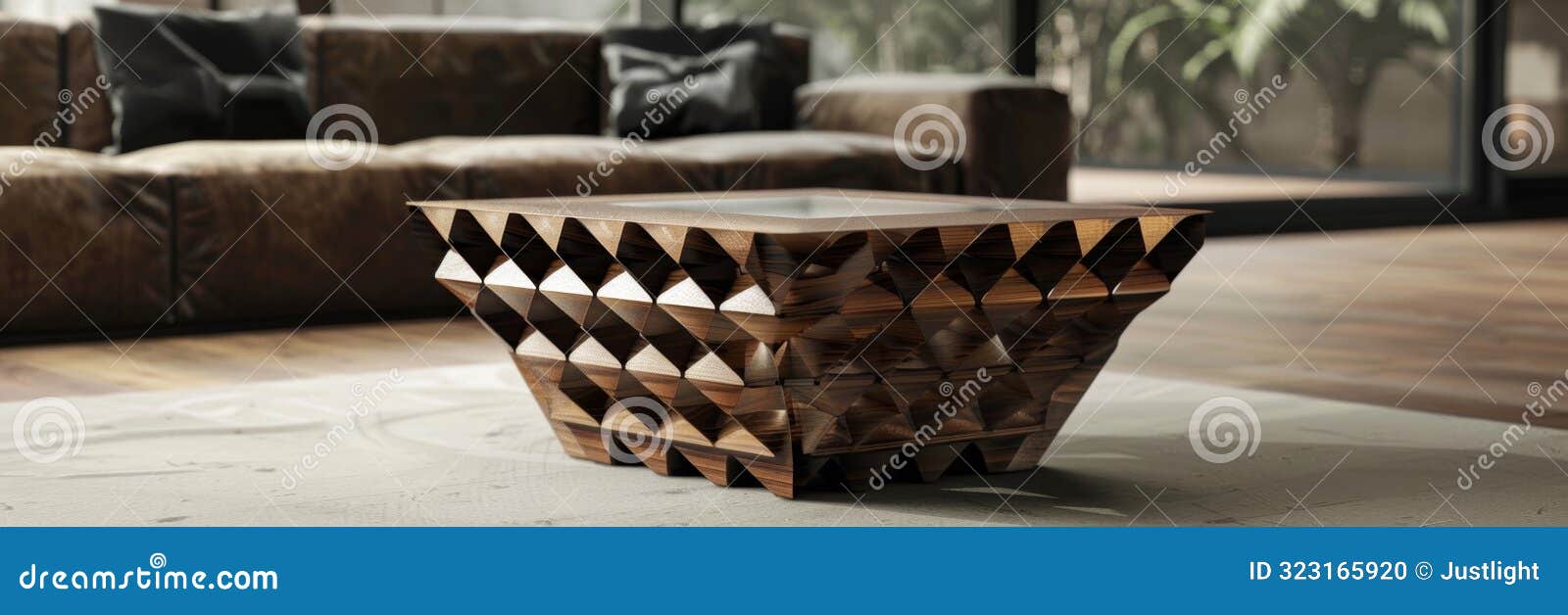 A Triangular Coffee Table with Interlocking Wooden Panels Stock Photo ...