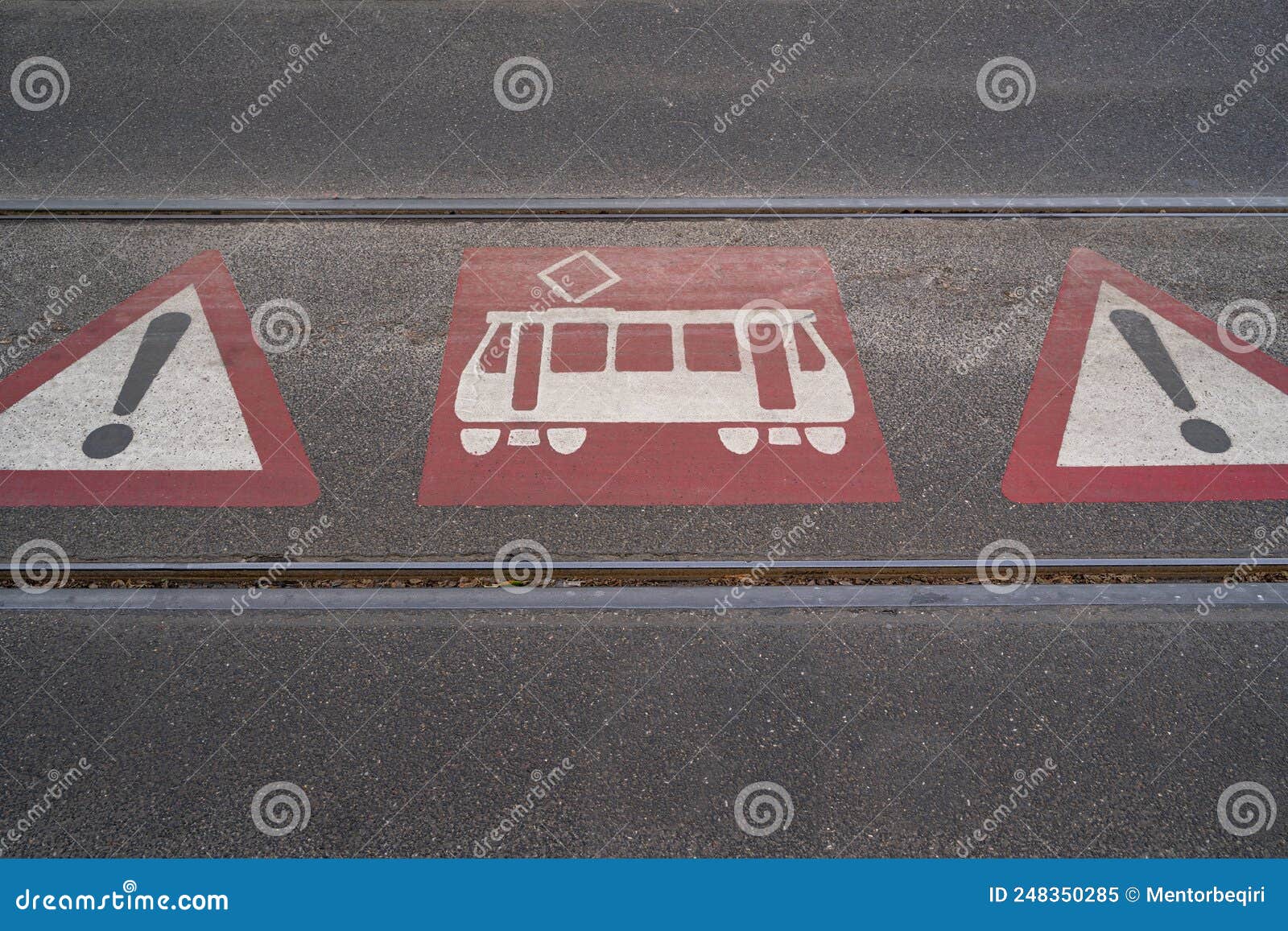 Triangular Danger Symbols on the Ground between Tram Rails at a Tram ...
