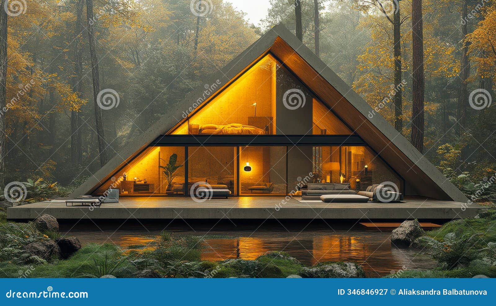 Triangular Glass Cabin in a Forest Setting, Glowing Warmly in Natural ...