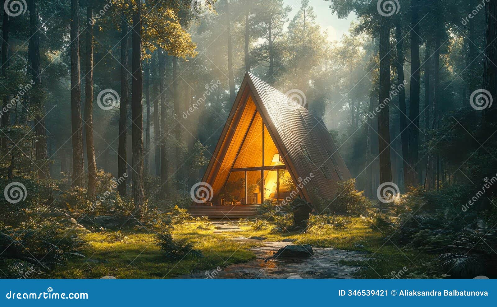 Triangular Glass Cabin in a Forest Setting, Glowing Warmly in Natural ...