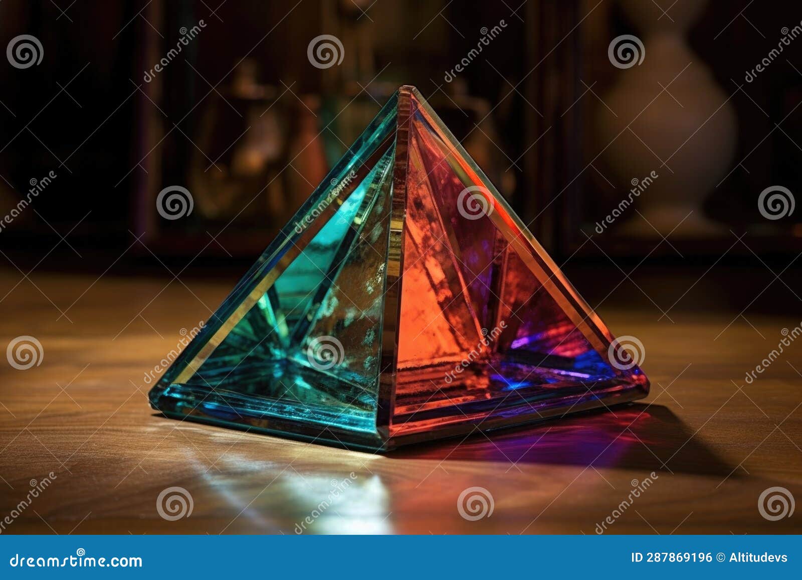 Triangular Glass Prism Reflecting Vibrant Colors on Dark Table Stock ...