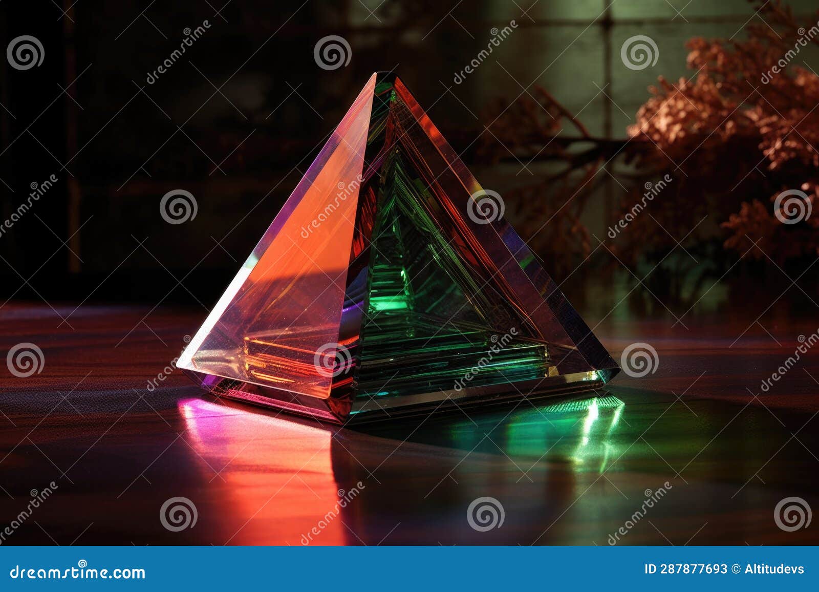 Triangular Glass Prism Reflecting Vibrant Colors on Dark Table Stock ...