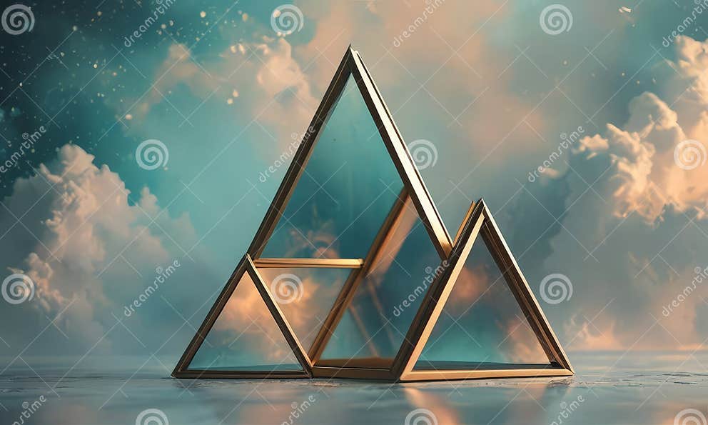 Triangular Glass Sculpture with Golden Frame Stands on Reflective ...