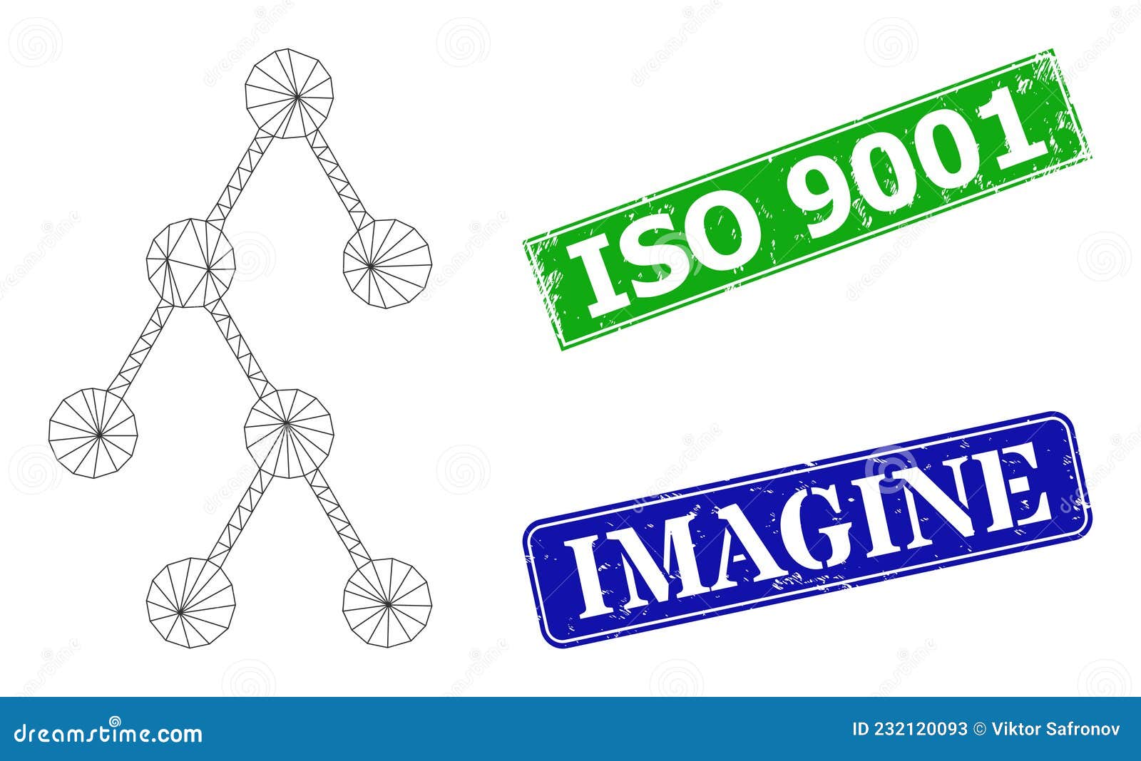 Grunged ISO 9001 Stamps and Triangular Mesh Hierarchy Structure Icon ...