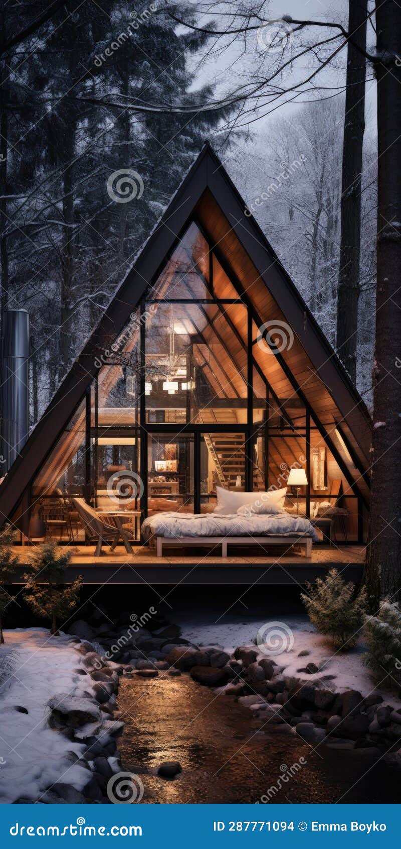 Triangular House in the Winter Forest. Frame House Made Stone and Wood ...